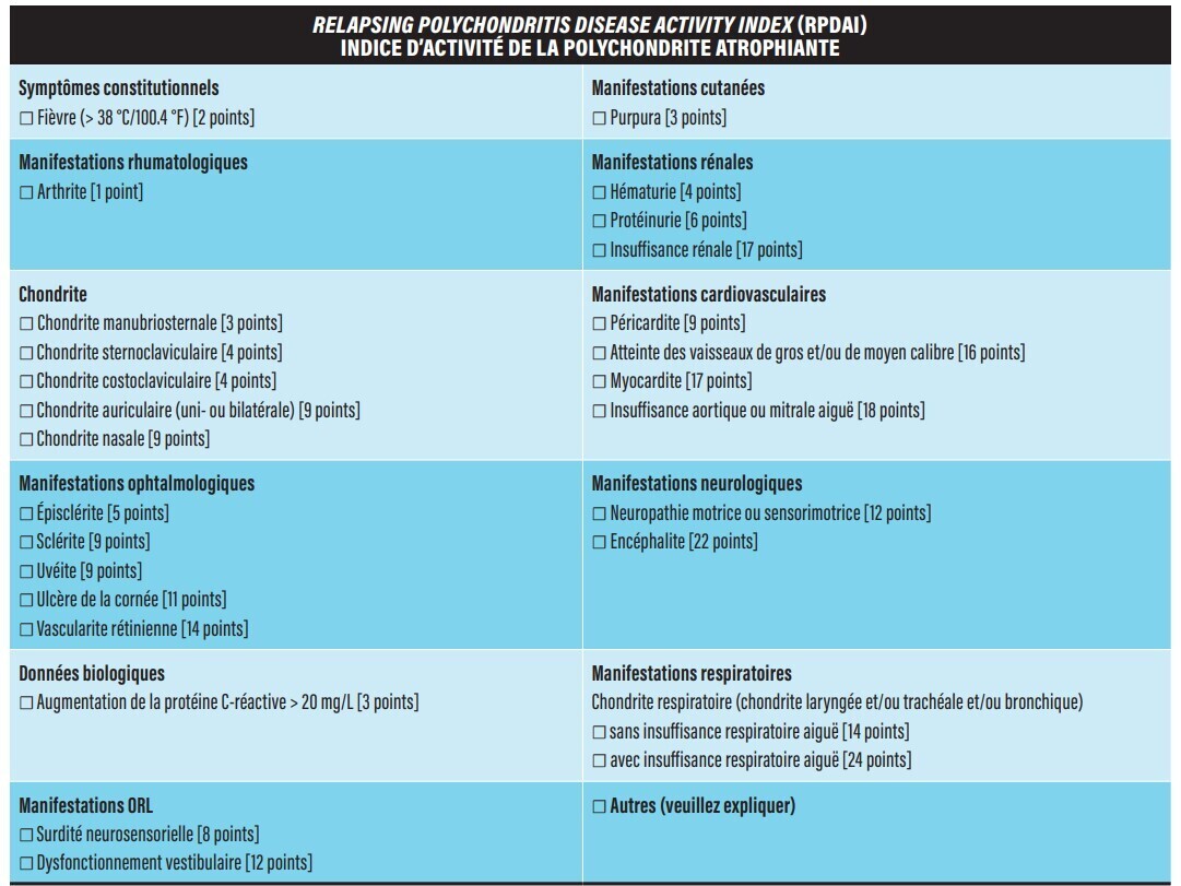 Evaluation d'activité de la polychondrite chronique atrophiante (score ...